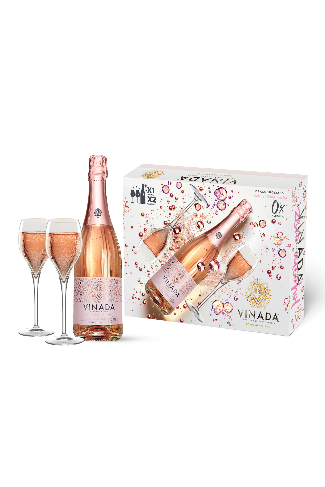 VINADA® - GIFTBOX - TINTELING TEMPRANILLO ROSÉ (0%) 750 ML + 2 Glasses